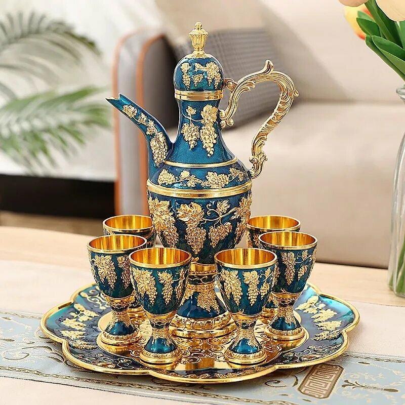 Чайный сервиз , с чайником , цинковый сплав, 8 предметов, 6 персон，золотисто-синий