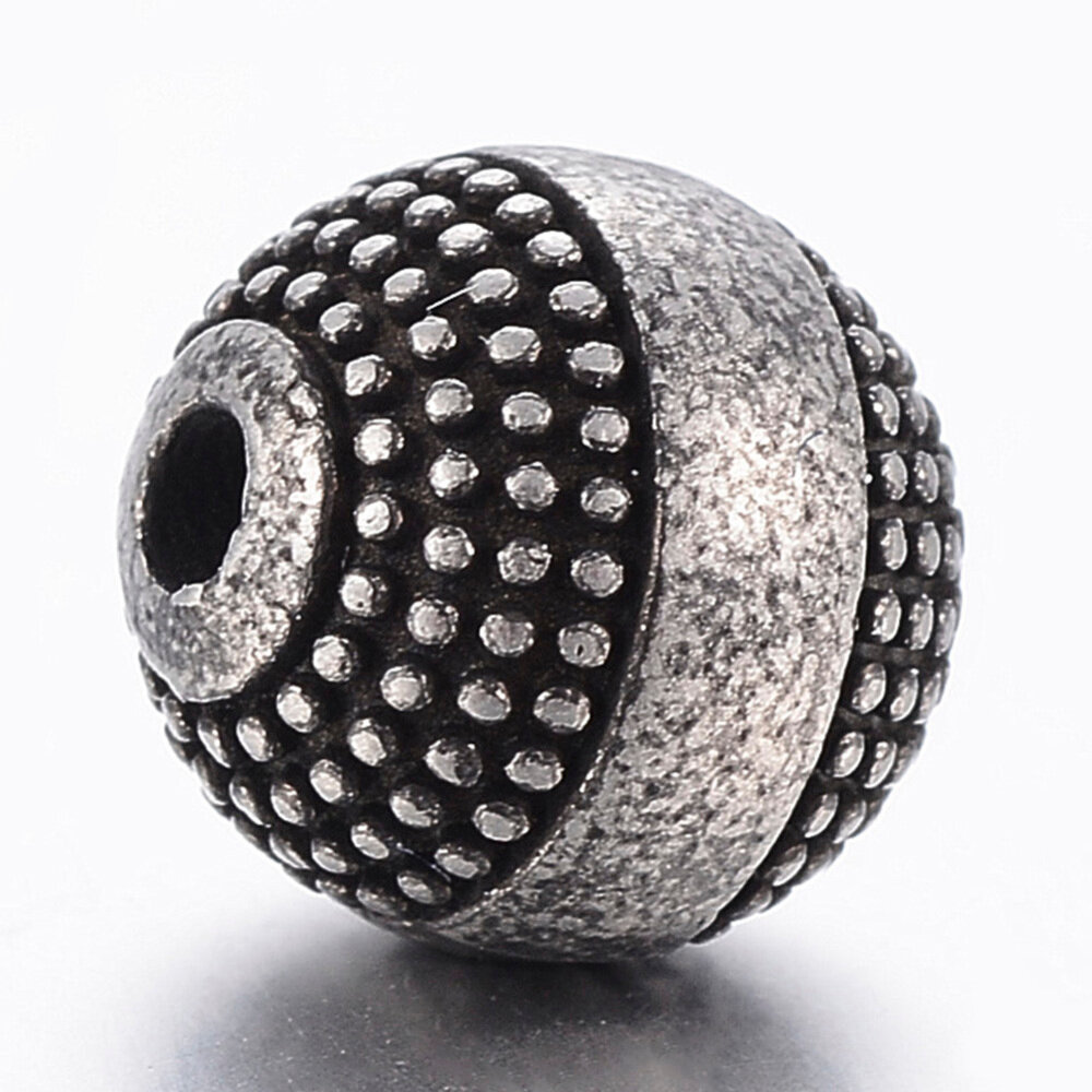 Бусина металлическая, 10х9.5мм, с точечным узором, базовый материал - нержавеющая сталь, тёмно-серая, с чернением, 1 шт.