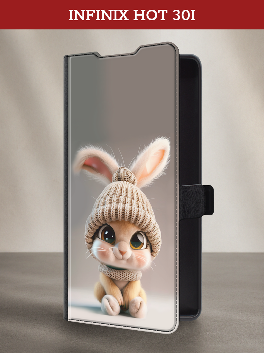 Чехол-книжка на Infinix Hot 30i / Инфиникс Хот 30i с принтом Крольчонок в вязаной шапке, черный