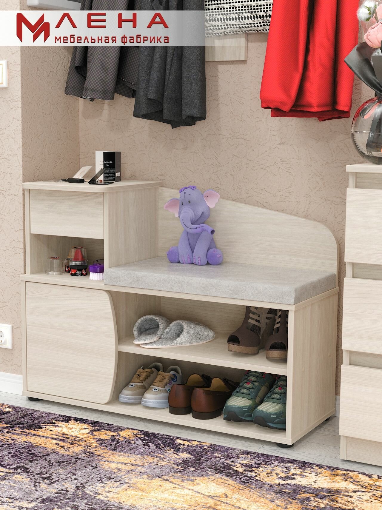 Тумба для обуви Мебельная фабрика Лена №33, с сиденьем, ЛДСП, ясень шимо светлый