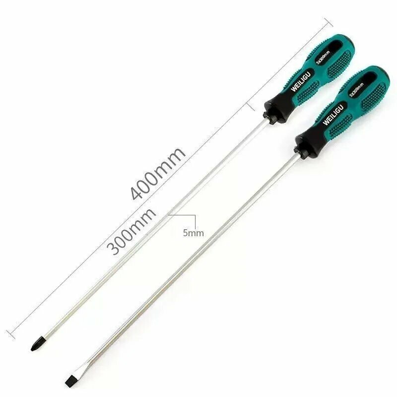 Длинная магнитная отвертка 400 мм — набор 2 шт (крестовая + шлицевая), резиновая ручка