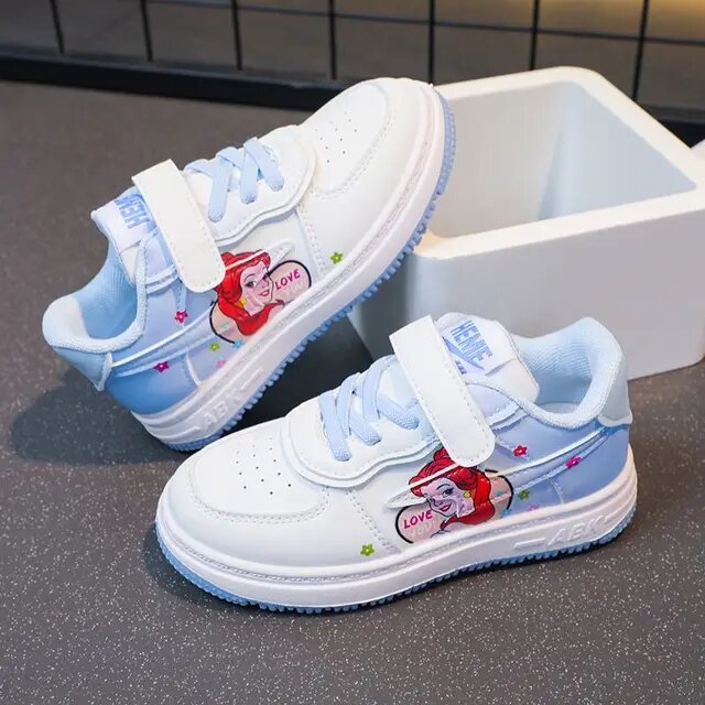 Белые повседневные туфли Disney Ariel для девочек, принцессы, низкие кроссовки из искусственной кожи для студентов, с рисунком из мультфильма, размеры 26-37