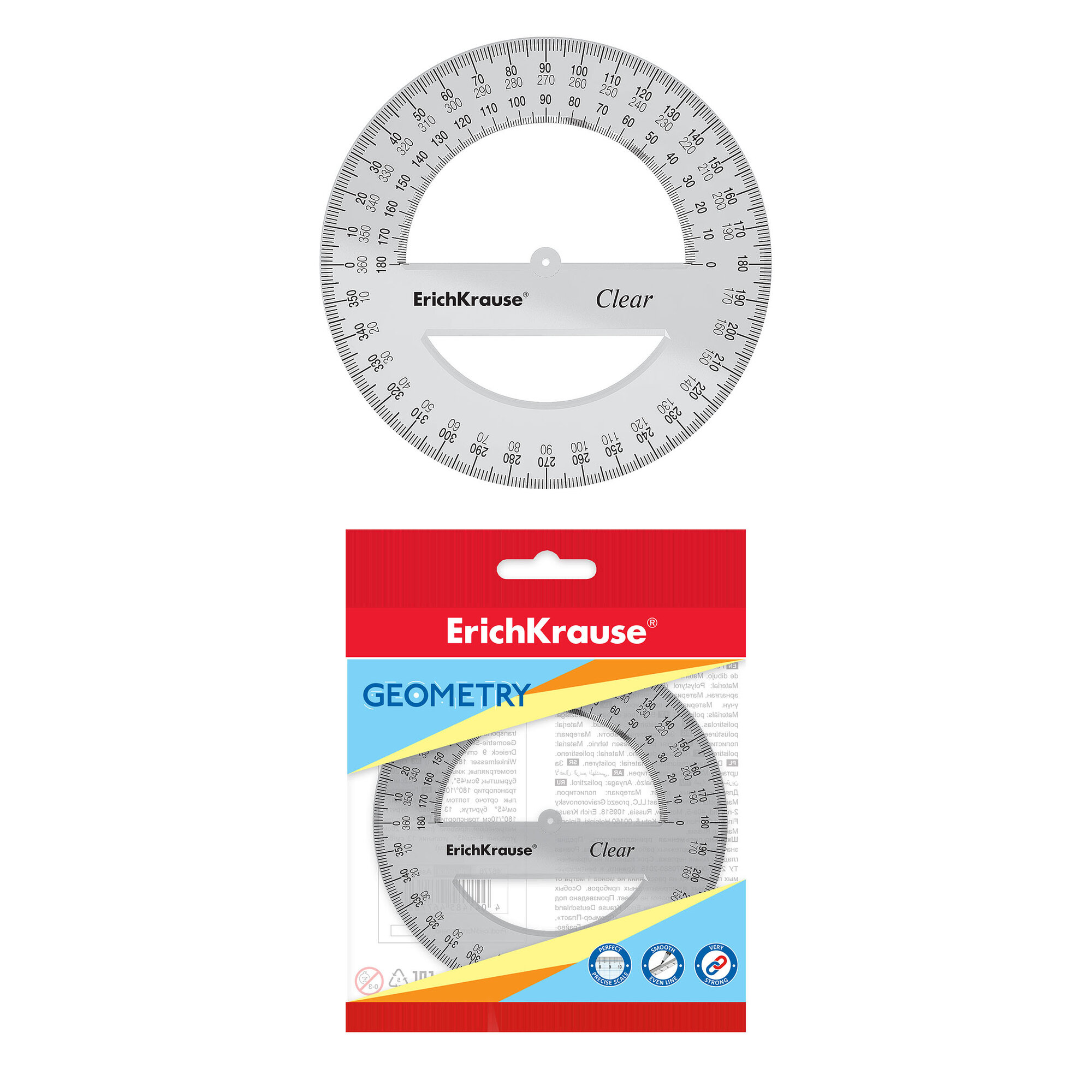 Транспортир пластиковый ErichKrause Clear, 360/12см, прозрачный, в флоупаке (всего 20 шт.) (49554)