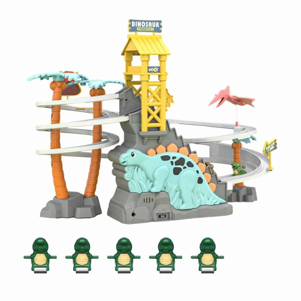 Динамичная вращающаяся приключенческая горка с динозавром, поднимающаяся по лестнице, детская обучающая электрическая игрушка-синий-модель динозавра