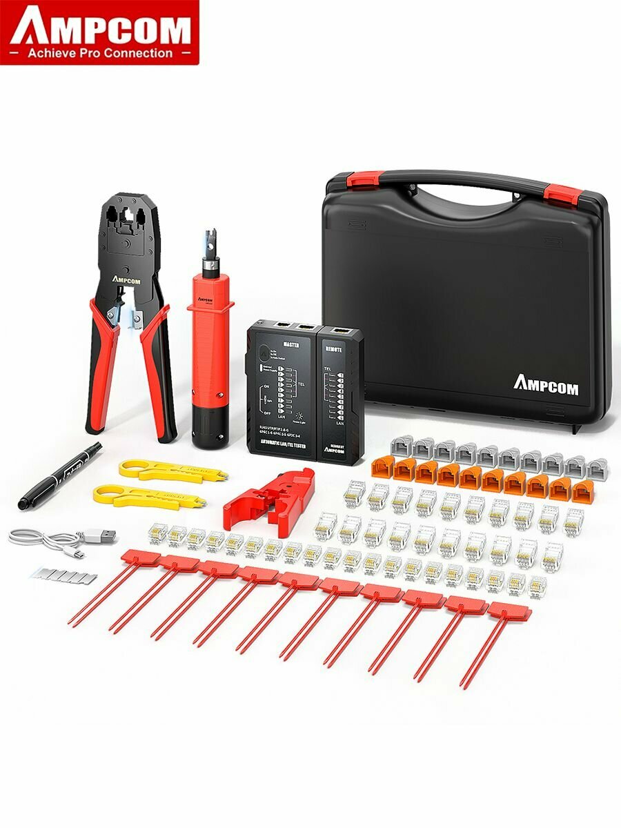 AMPCOM RJ45 щипцы Lan тестер набор инструментов Ethernet инструмент для зачистки кабеля rj 45 rj11 Разъемы 12 в 1 Набор для ремонта кабелей