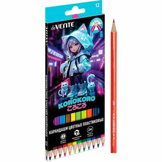 Цветные карандаши deVENTE "Korokoro", 12 оттенков, шестигранные, пластик, 2М, диаметр грифеля 3 мм