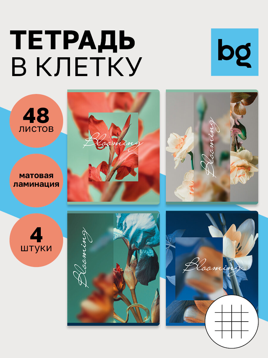 Тетрадь в клетку общая школьная 48 листов, А5, BG "Blooming", матовая ламинация / Набор тетрадей 4 штуки