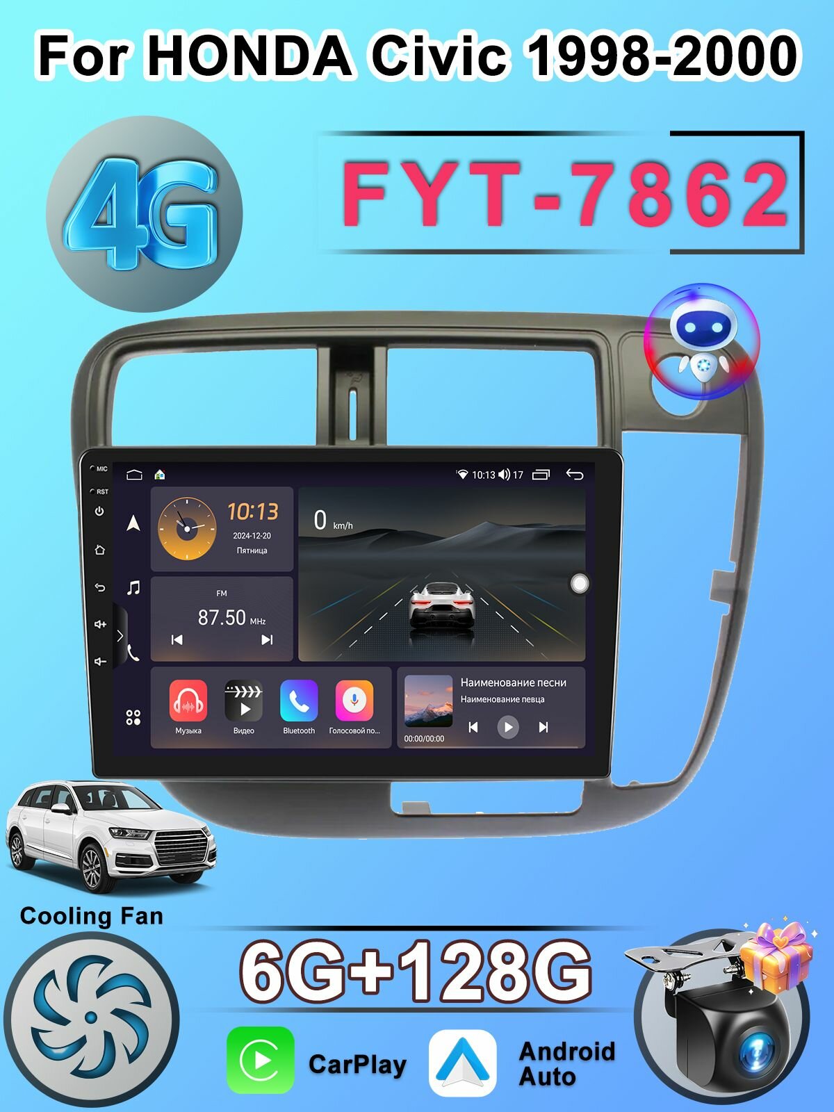 Магнитола для HONDA Civic 1998-2000, Автомагнитола для хонда Цивик , FTY7862,4G Android 6+128GB 2din Мультимедиа Bluetooth FM WIFI Автомобильный