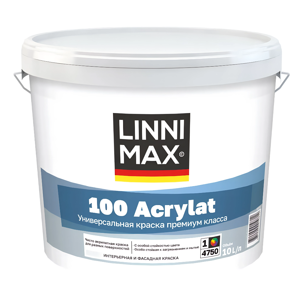 LINNIMAX 100 ACRYLAT – профессиональная фасадная и интерьерная краска (База 1), 10 л – премиальное покрытие до 20 лет