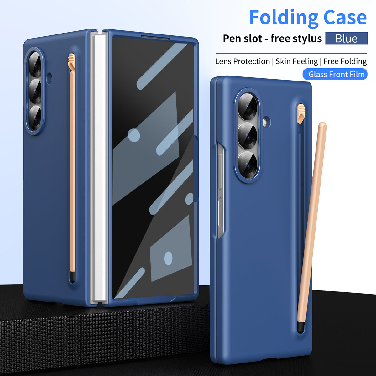 Чехол для Samsung Galaxy Z Fold 7 / Samsung Z Fold7 / Самсунг Галакси З Фолд 7, С помощью стилуса, книжка, стекло, поликарбонат (PC), защита камеры, ударопрочный, Samsung, Samsung Galaxy Z Fold 7, синий