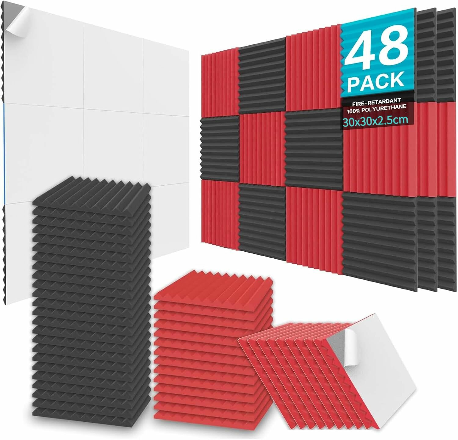 Kunyang - 48 кусков звукопоглощающего пенопласта, 30x30x2,5 см, усовершенствованная версия самоклеящихся студийных звукоизоляционных клиньев-черный и красный