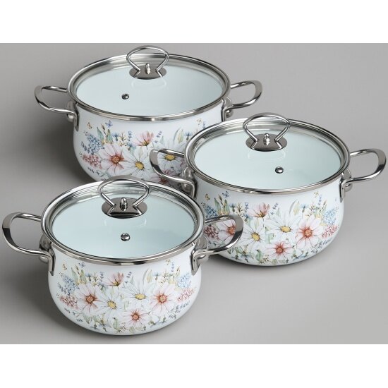 Набор кастрюль Agness "дворцовый парк" эмалированные, 6 пр, 2,0/2,8/3,6 л,18х11/20х12/22х13 см.