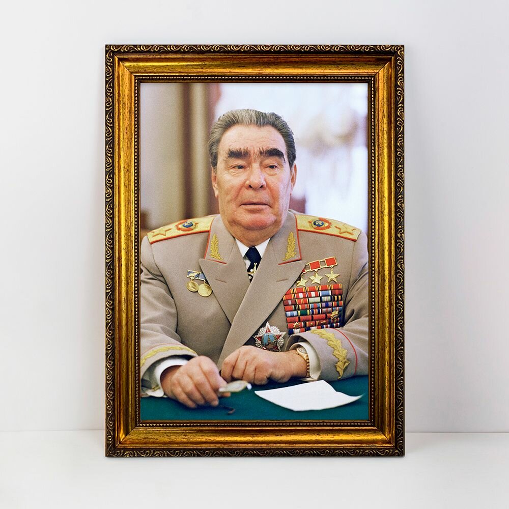 Портрет Брежнева Л. И. в багетной рамке под золото / А-3 (30x40 см.)