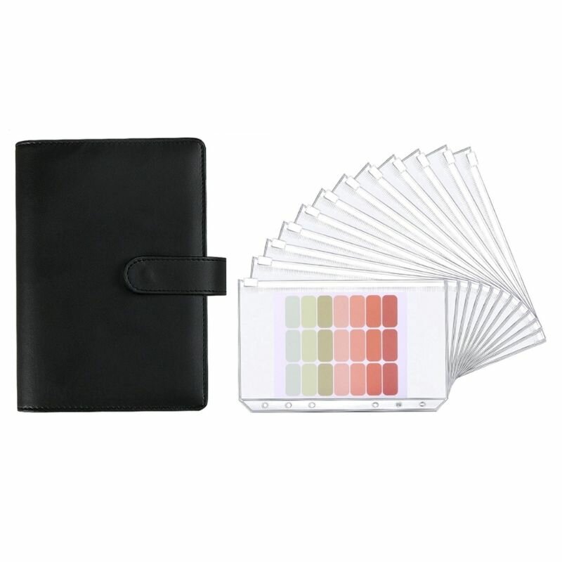 Кожаный бюджетный переплет с 6-луновыми конвертами и красочной наклейкой на этикетке, Черный