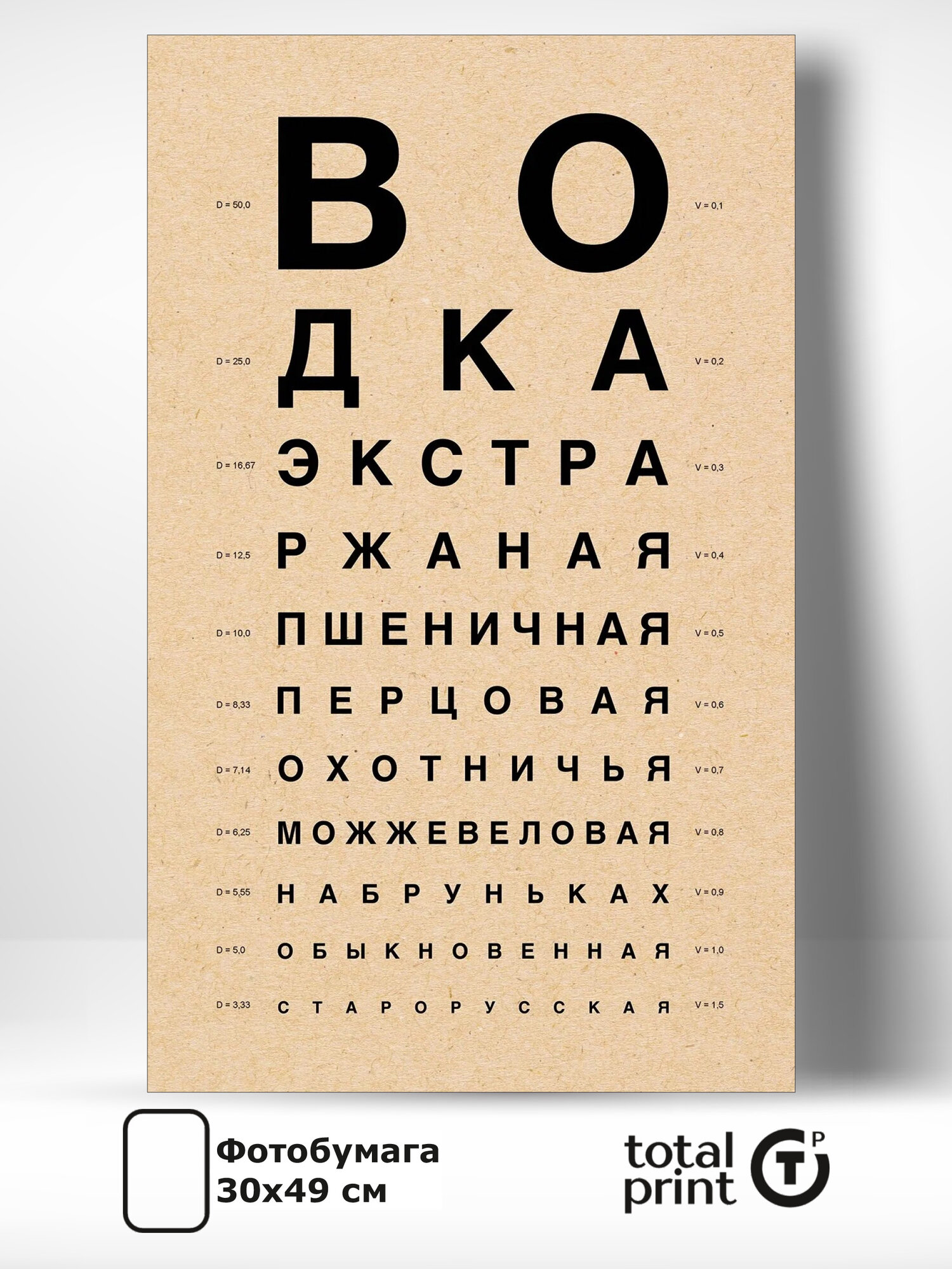 TotalPrint Постер для интерьера, таблица Сивцева для проверки зрения, шуточная, крепкий алкоголь, 30х49см.