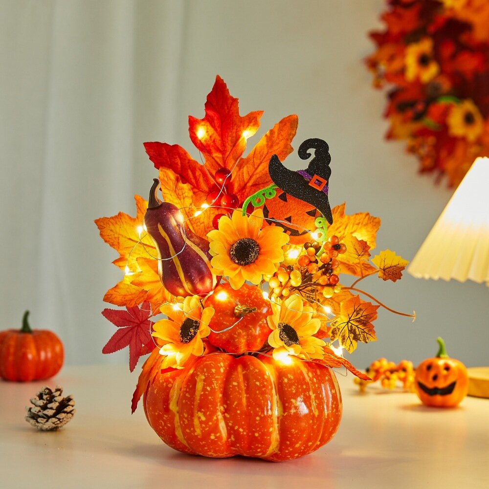Осеннее украшение стола, украшение из искусственной тыквы, украшение на Хэллоуин, апельсиновые листья, 32x25x15 см