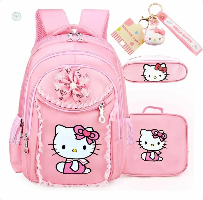 Рюкзак Hello Kitty для девочек начальной школы, набор из 4 предметов с карманом для ручек и сумкой через плечо, розовый