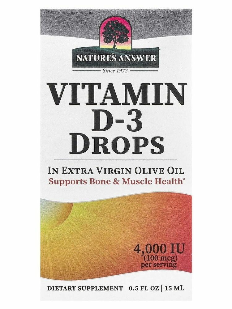 Витамин D3 в каплях, 100 мкг (4000 МЕ), 15 мл (0,5 жидк. унции), Nature's Answer