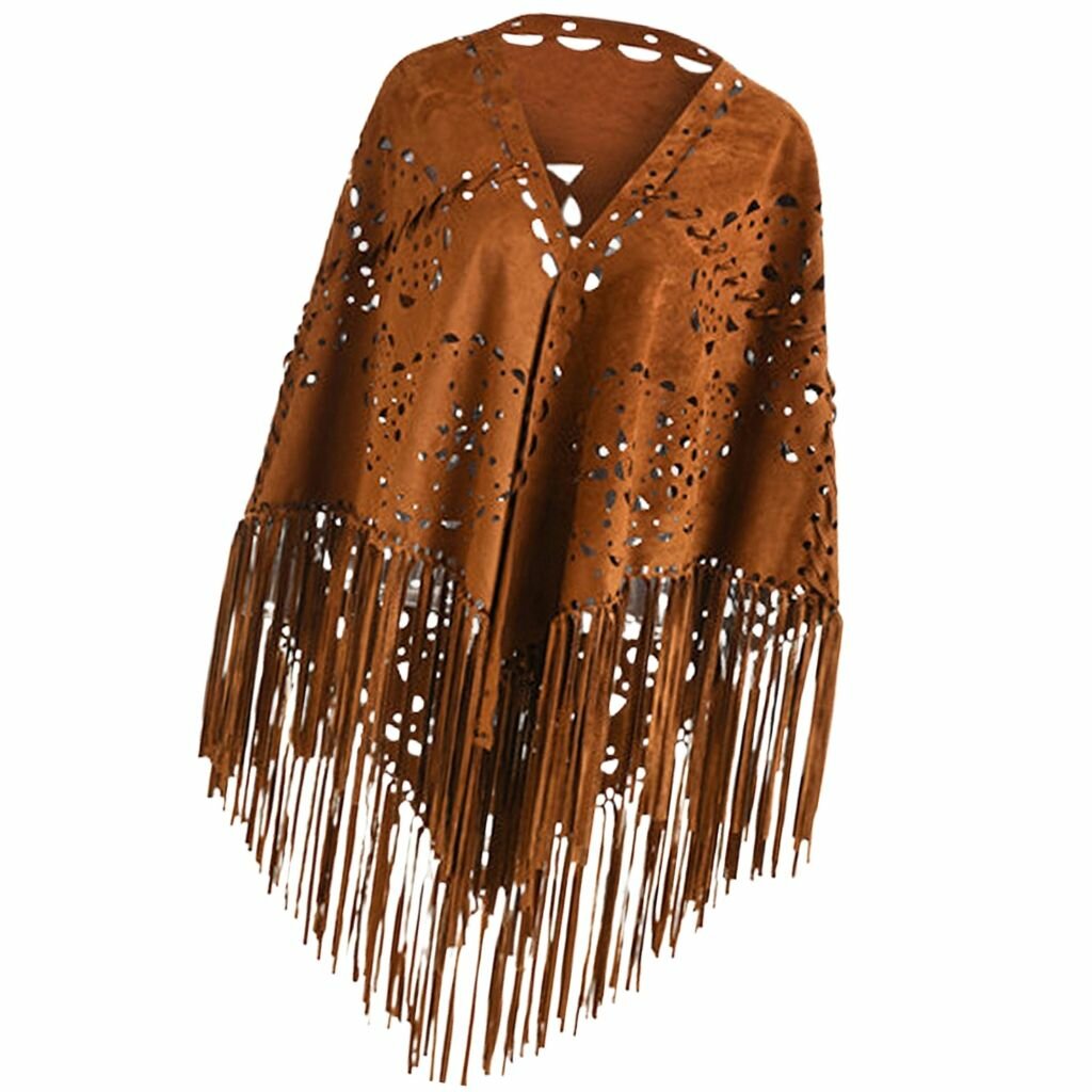 Замшевый плащ-накидка с полым шарфом-кисточкой-темно-коричневый