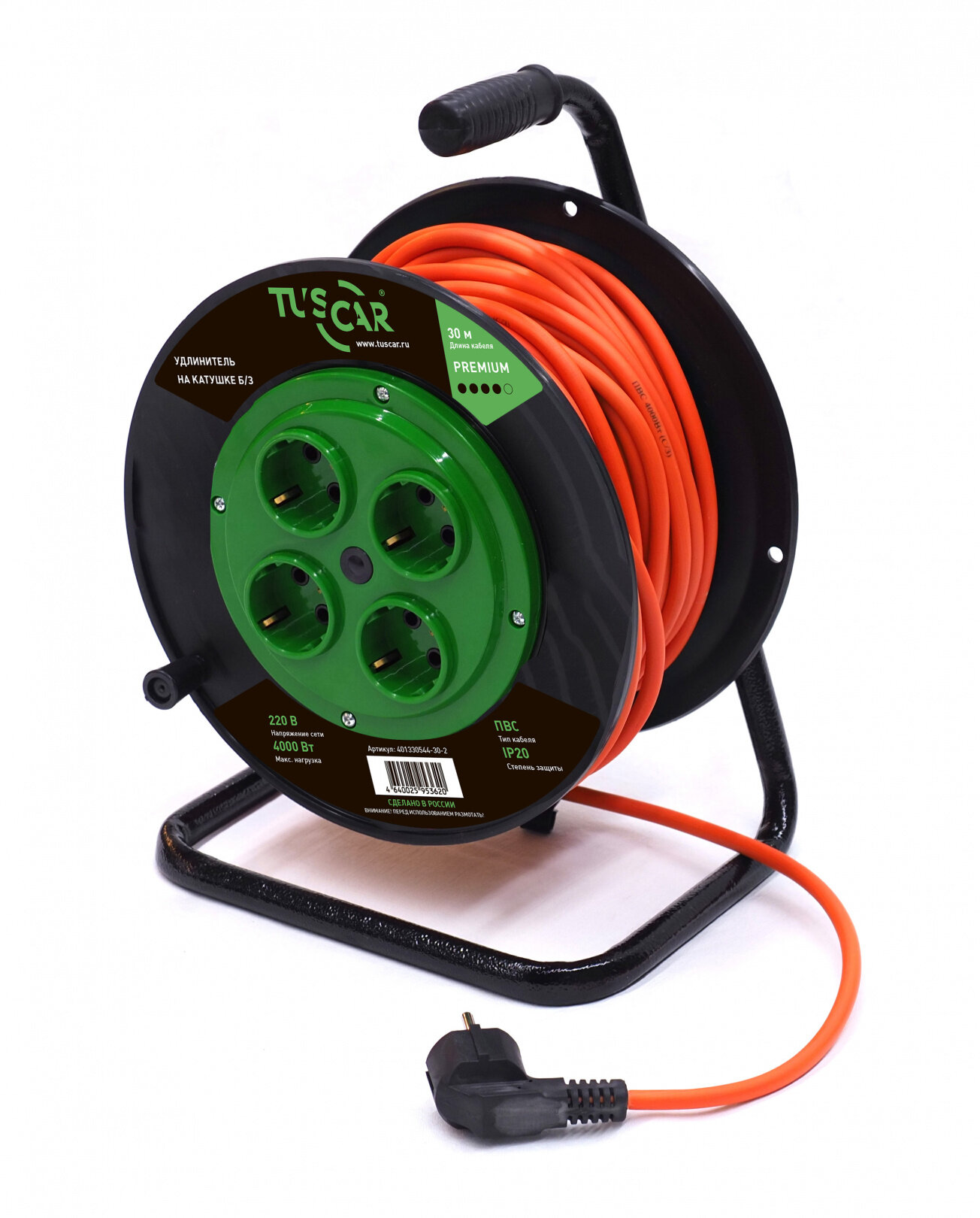 Удлинитель эл. силовой TUSCAR 30м, 4 розетки, на пласт. катушке, б/з, ПВС 2*2.5, 4кВт