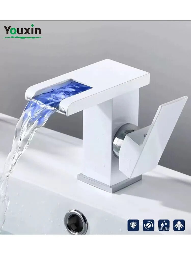 Смеситель для раковины в ванной со светодиодной подсветкой, 3 цвета, меняющие цвет излива водопада, одна ручка, одно отверстие, смеситель для холодной и горячей воды