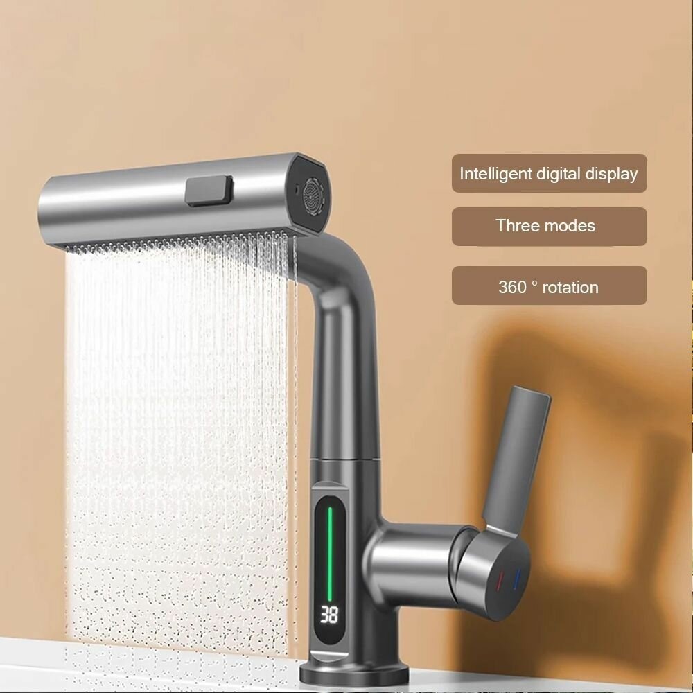 Смеситель для кухни, кран для раковины умный с цифровым дисплеем, выдвижным гибким изливом, 2 вытяжным изливом, 3-х режимная лейка