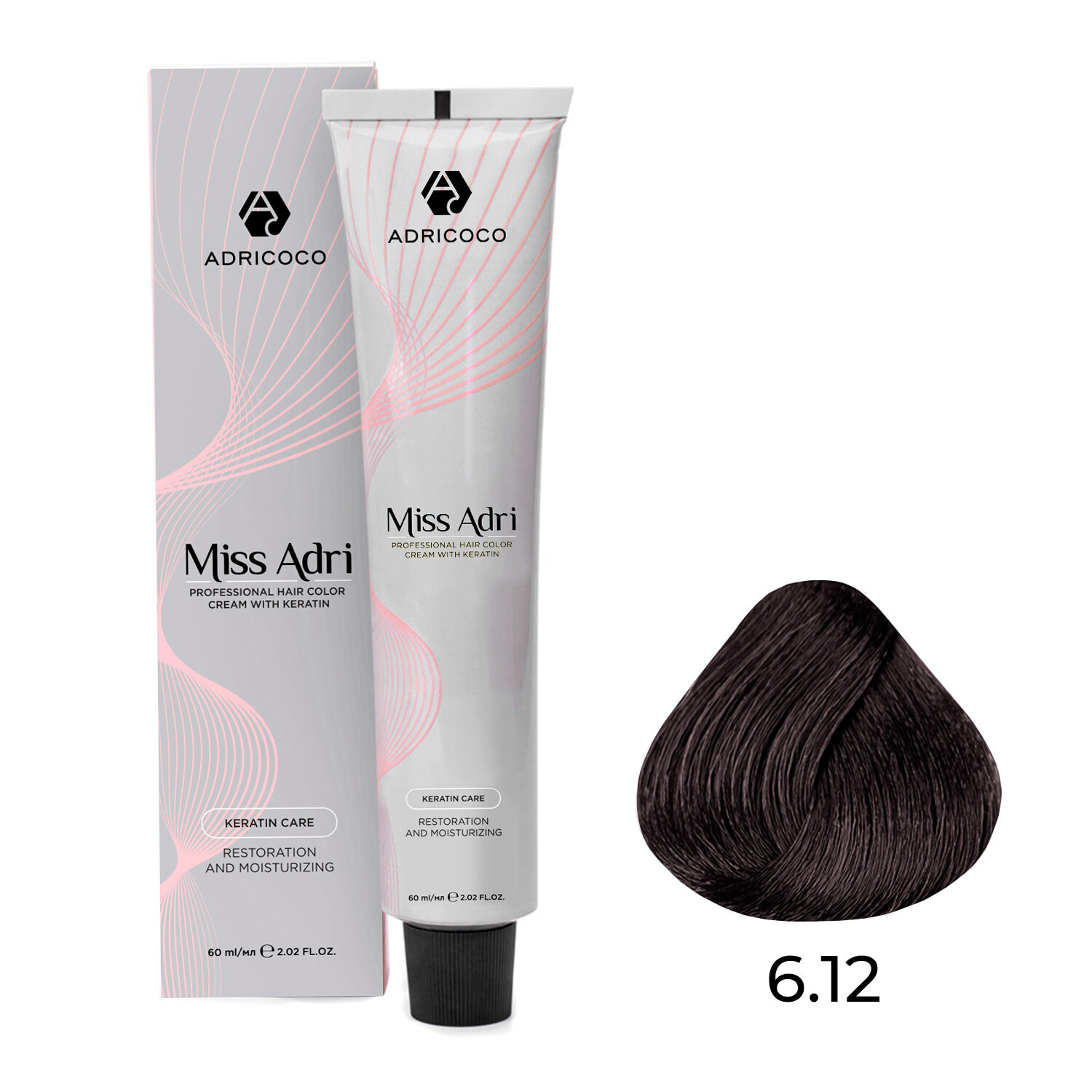 Крем-краска для волос Miss Adri с кератином, оттенок 6.12 Темный блонд пепельный перламутровый, ADRICOCO, 60 мл