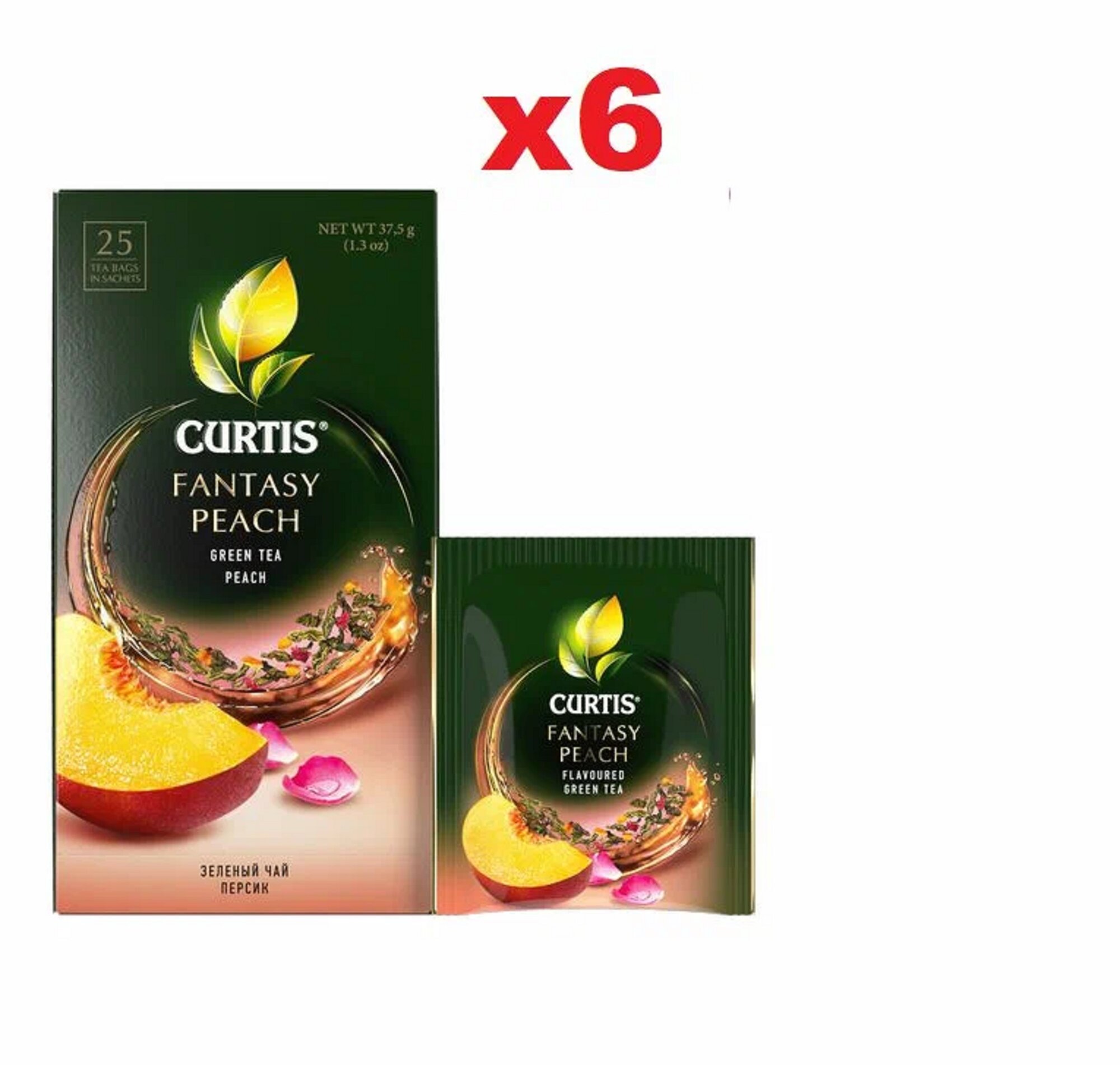 Чай зеленый "Curtis Fantasy peach" c ароматом персика, лемонграссом и лепестками розы 25 пак. 6 упаковок