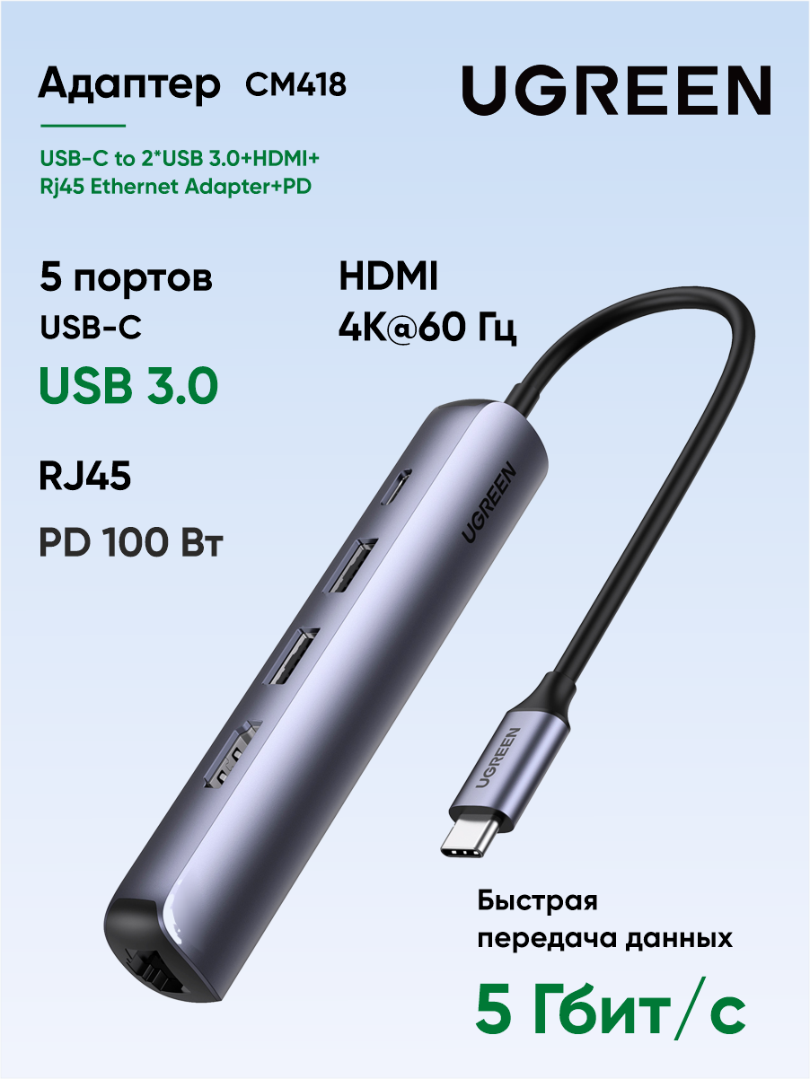 Адаптер UGREEN CM418 (10919) USB-C to 2*USB 3.0+HDMI+RJ45 Ethernet Adapter+PD. Цвет: серебристый