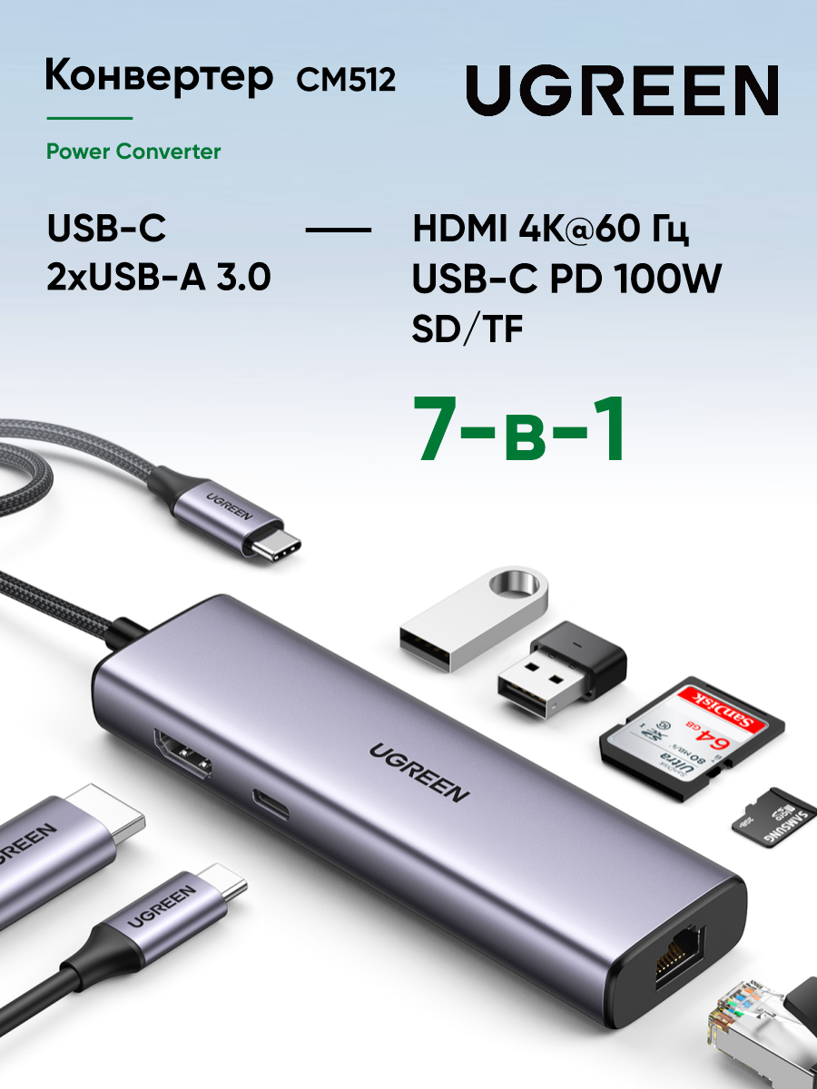 Конвертер UGREEN CM512 (90568) USB-C to 2*USB3.0+HDMI+RJ45+SD&TF +PD Port Converter. Цвет: серый