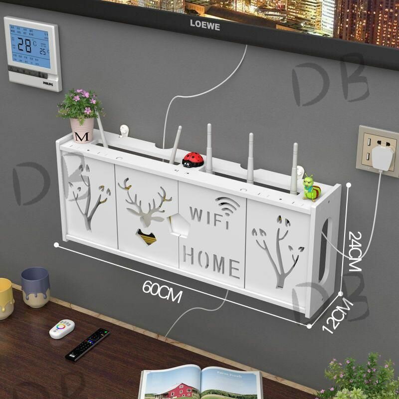 Настенная полка короб для wi-fi роутера, ящик на стену для wifi роутера и проводов, белая полка в прихожую для хранения
