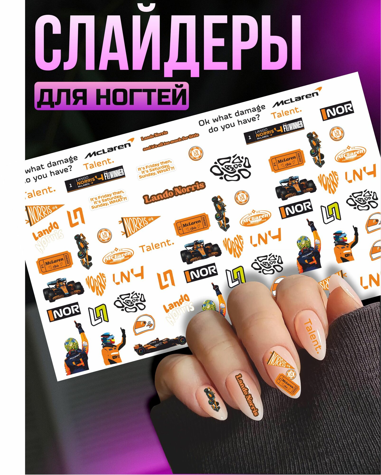 Слайдеры наклейки для ногтей Формула 1 Lando norris Mclaren