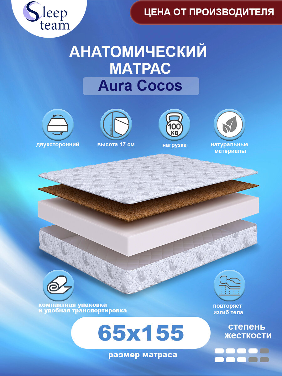 Матрас детский SleepTeam Aura Cocos 65х155, беспружинный, высота 16 см, односпальный