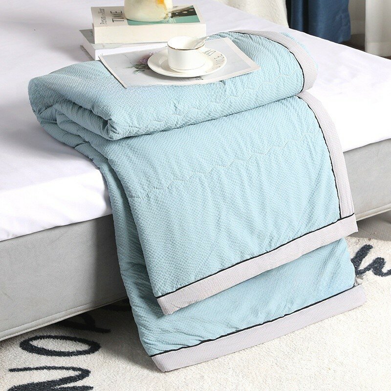 Blanket cool and soft summer with woven edges and bubble cotton texture for bedroom decor blue 150 200cm