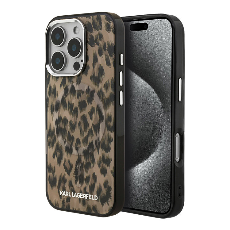 Karl Lagerfeld чехол MagSafe для iPhone 16 Pro, PC/TPU Leopard Metal camera, коричневый