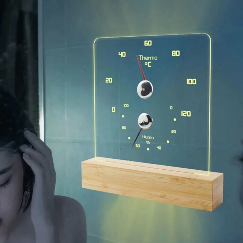 Термогигрометр для бани и сауны механический с подсветкой аккумуляторный бамбуковый