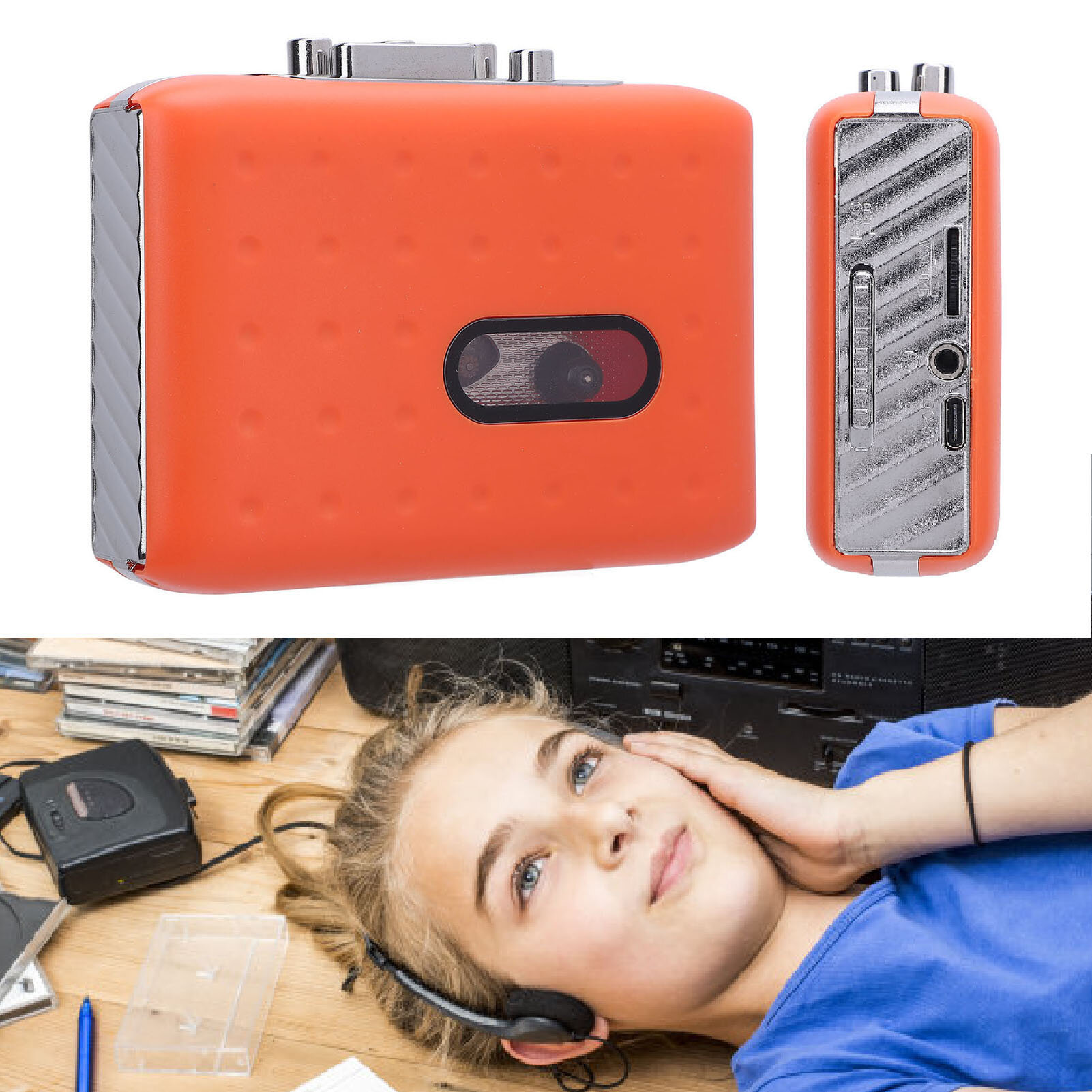 Кассетный плеер, магнитофон, портативный USB C, кассета в MP3, цифровой преобразователь со встроенным микрофоном и разъемом для наушников, оранжевый