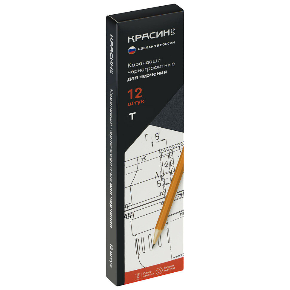 Карандаш ч/г Красин для черчения Т (Н), шестигр, заточен, 60 штук, 378909