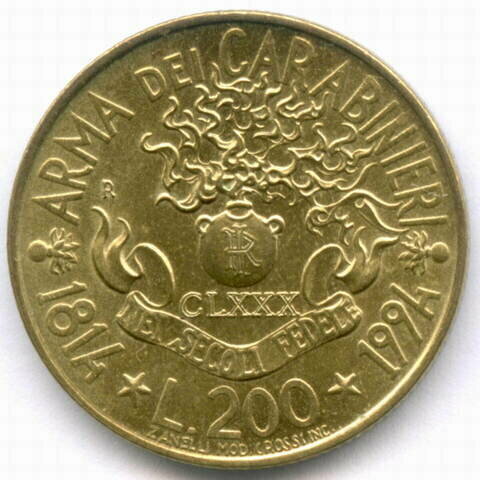 200 лир 1994 год. Италия. 180 лет карабинерам. Алюминиевая бронза, диаметр 24 мм. XF-AU