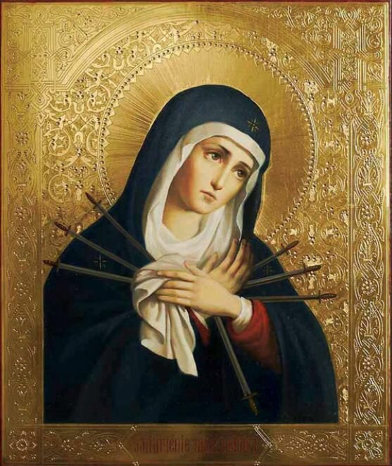 Семистрельная Умягчение злых сердец (Симеоново проречение) икона Божией Матери деревянная на левкасе (19 см)