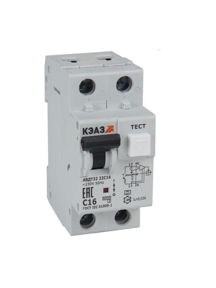 Выключатель автоматический дифференциального тока 2п C 16А 30мА тип A 6кА АВДТ32-22C16 A УХЛ4 КЭАЗ 228065
