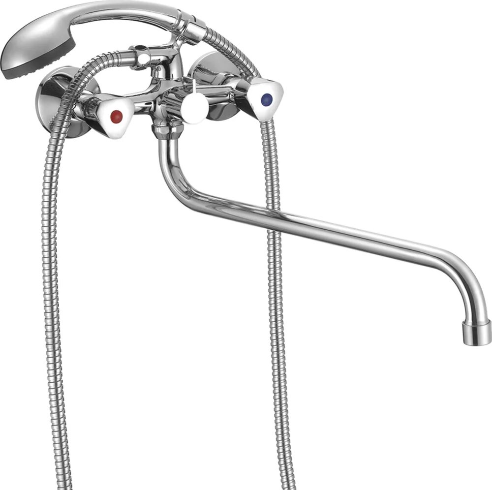 Смеситель с длинным изливом для ванны Milardo Tring TRISB02M10 с душевым гарнитуром, поворотный, латунный, хром, глянцевый, смеситель для ванны с душем, вентильный