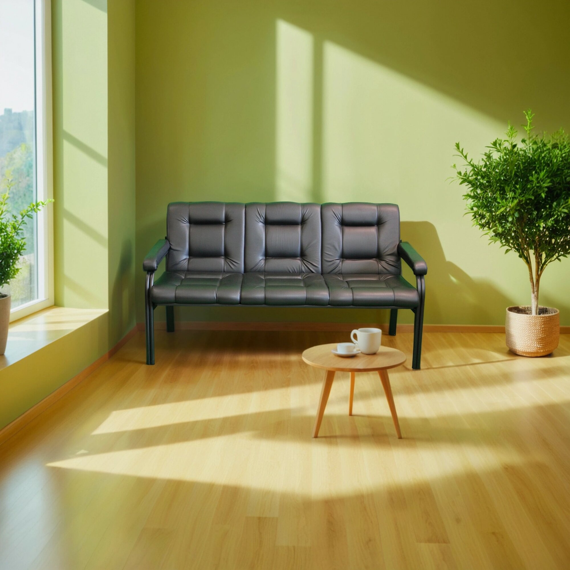 Диван офисный, Сириус Сенатор ", 3х местный, экокожа чёрная, стальной разборный каркас. На кухню, на дачу, в прихожую.