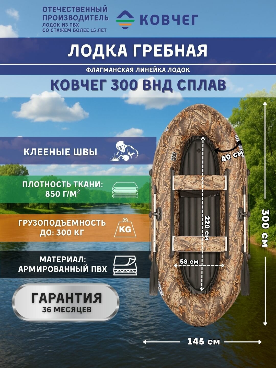 Лодка ПВХ гребная для рыбалки Ковчег 300 ВНД Сплав (цвет лес)