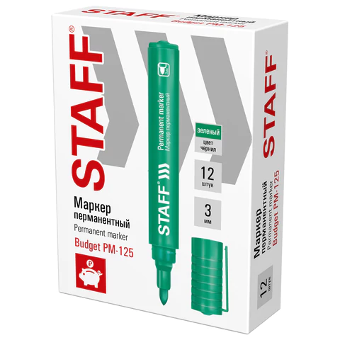 Маркер перманентный STAFF "Basic Budget PM-125", зеленый, круглый наконечник 3 мм, 12шт. 152177