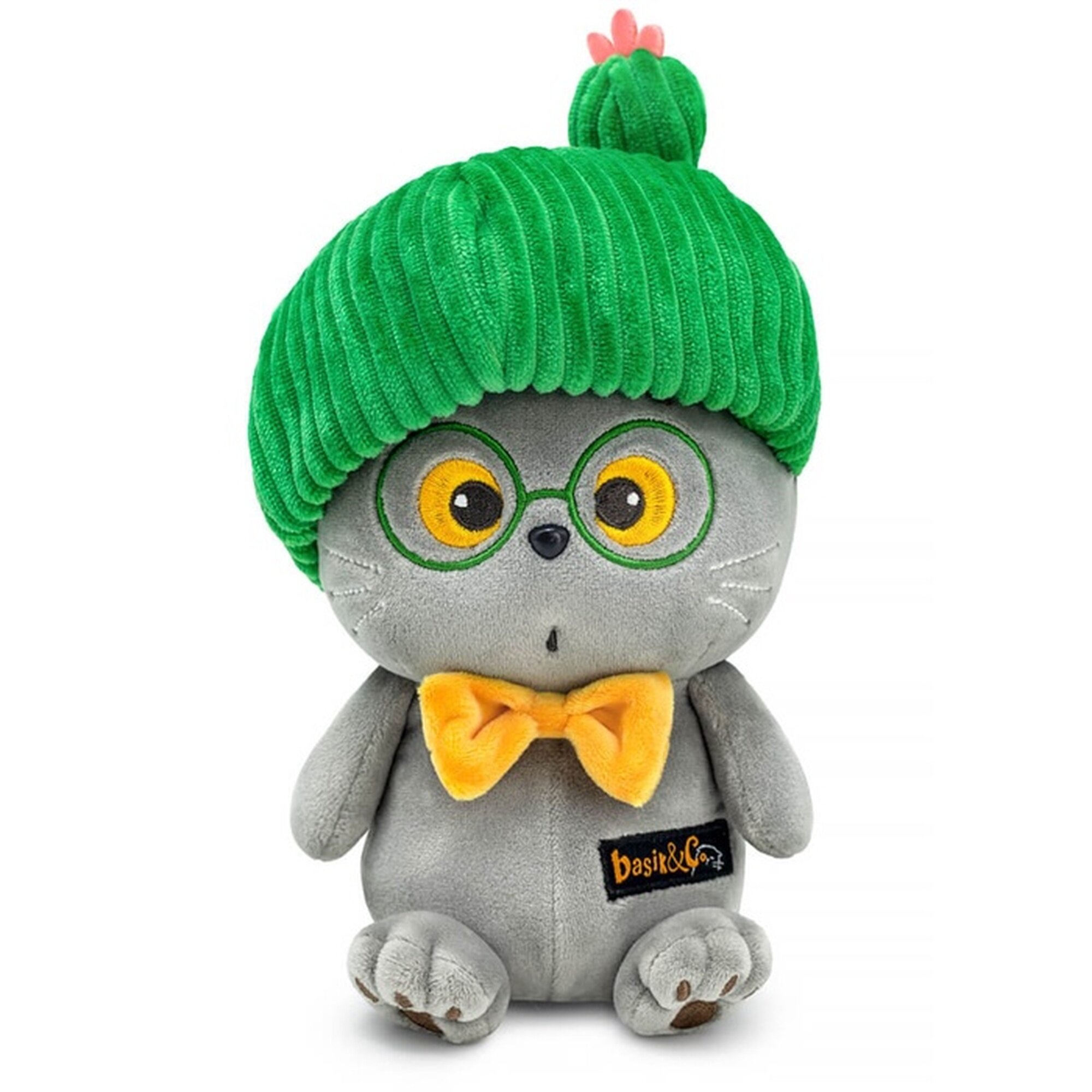 Мягкая игрушка Basik&Co "Кот Басик Ботаник", 16 см, серый, съёмная шапочка