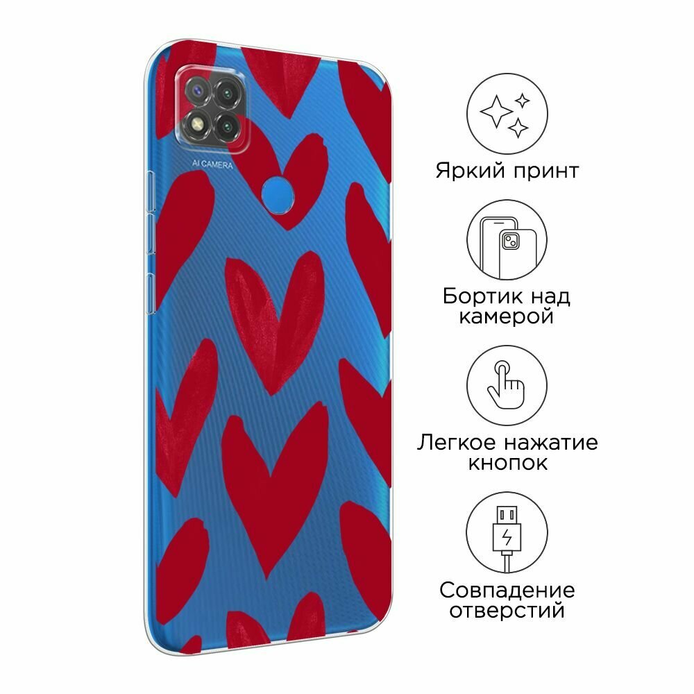 Чехол на Xiaomi Redmi 9C / Сяоми Редми 9C с принтом "Красные сердечки рисунок - 14 февраля", прозрачный — фото 1