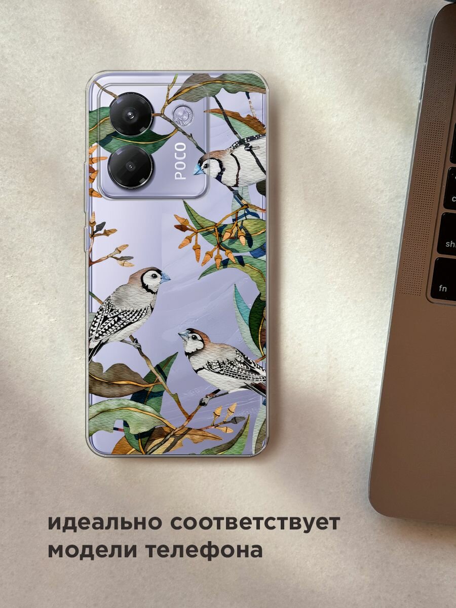 Чехол на Poco M7 Pro / Поко М7 Про с принтом "Птицы в листве", прозрачный — фото 1