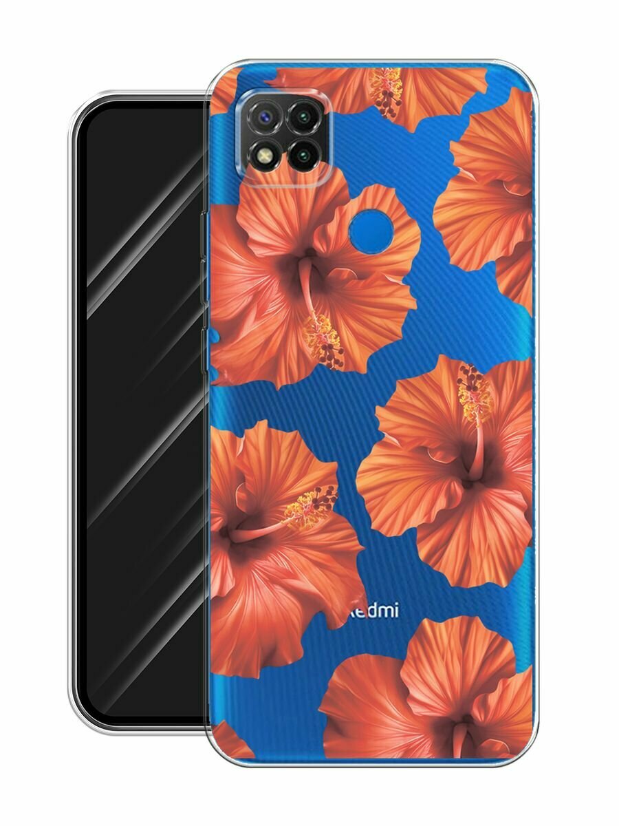 Чехол на Xiaomi Redmi 9C / Сяоми Редми 9C с принтом "Рыжие гибискусы", прозрачный — фото 1
