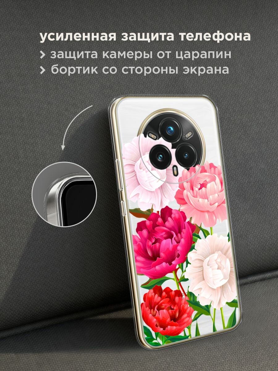 Чехол на Realme 14 Pro+ / Реалми 14 Про+ с принтом "Большие пионы", прозрачный — фото 1